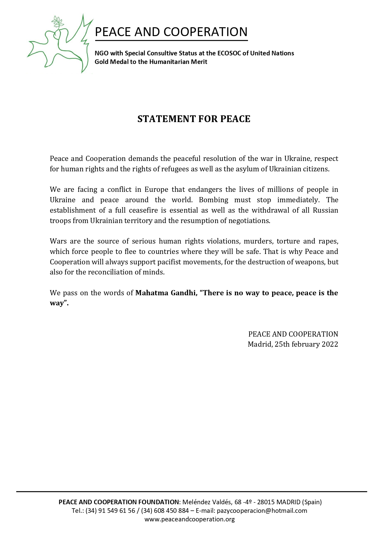 STATEMENT FOR PEACE – Peace and Cooperation